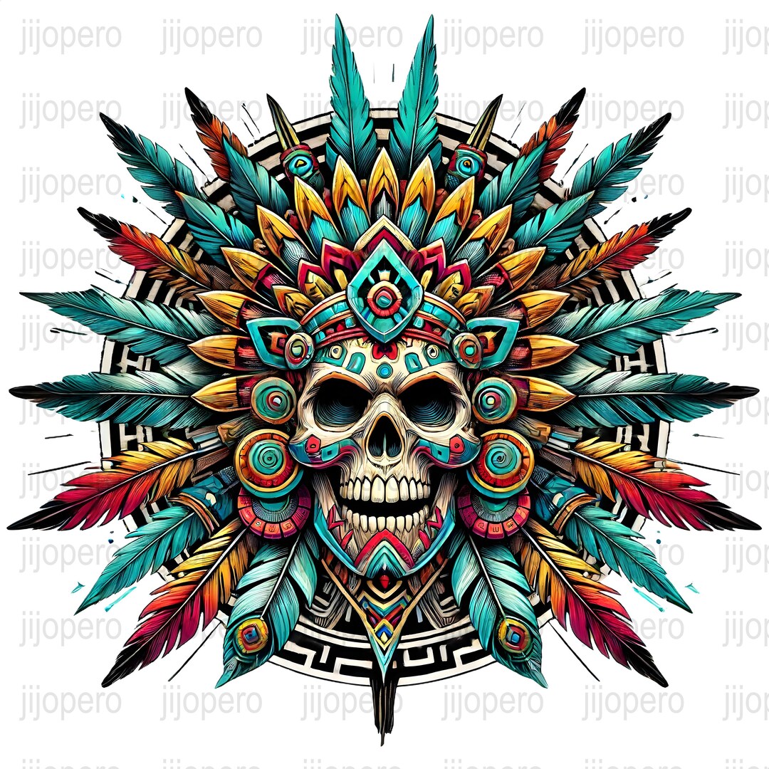 Colorful Aztec Skull Art PNG, Digital Download for Print, Tribal Skull ...