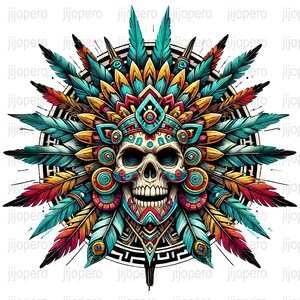 Colorful Aztec Skull Art PNG, Digital Download for Print, Tribal Skull ...