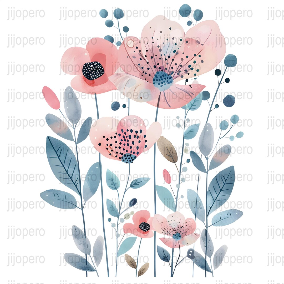 Floral Watercolor Art, Pink and Blue Flowers Digital Print, Beautiful ...