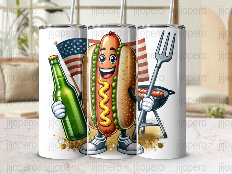 Patriotic Hot Dog Cartoon PNG, American Flag, Beer, BBQ Party Digital ...