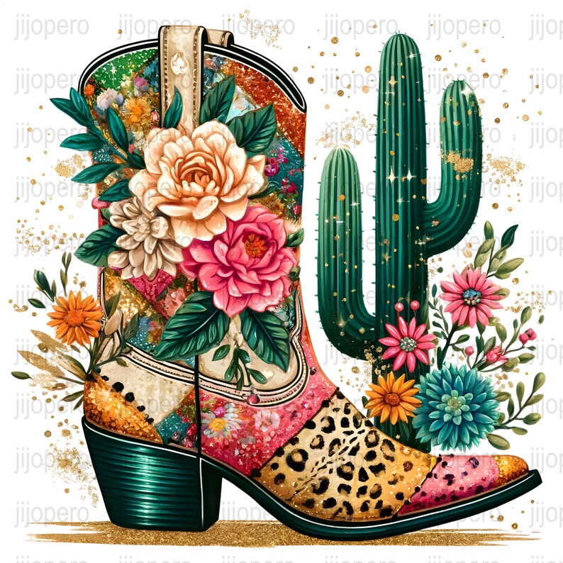 Western Floral Cowboy Boot Cactus Digital PNG, Printable Southwestern ...