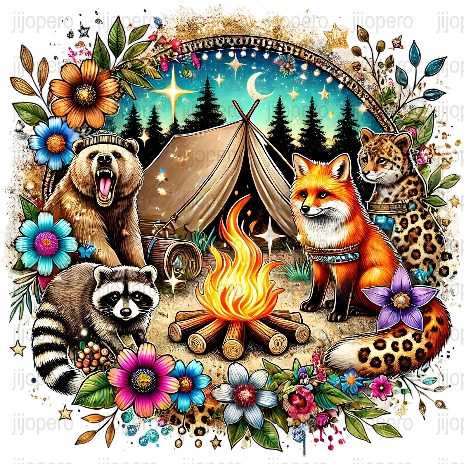 Woodland Animals PNG, Camping Scene Digital Art, Campfire Night ...