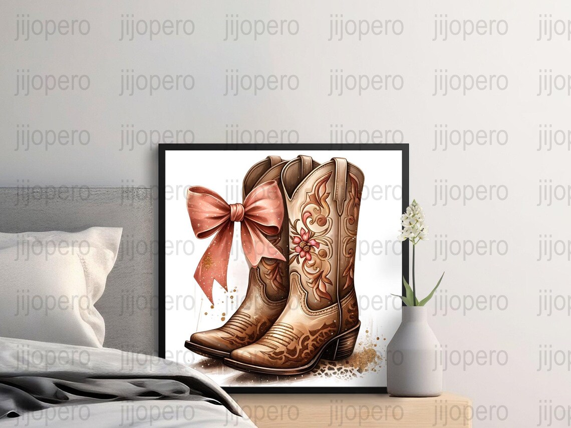 Western Cowgirl Boots Clipart, Floral Design With Bow, Rustic Country ...