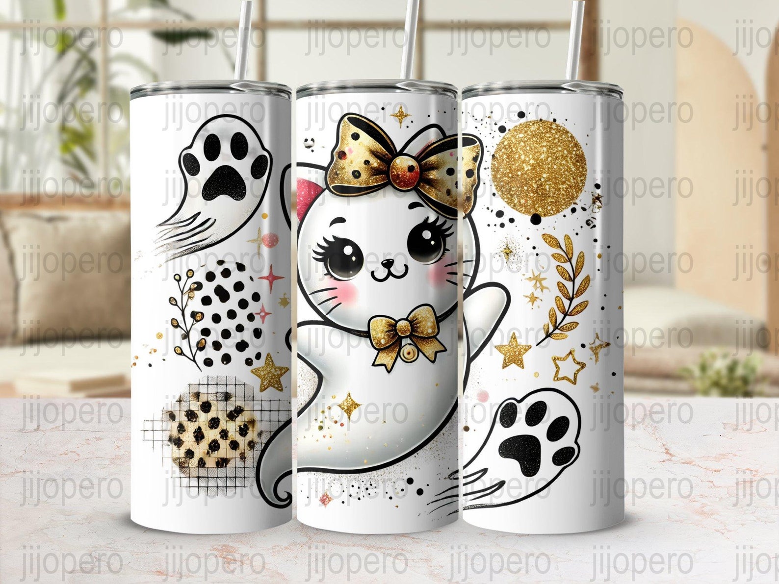 Halloween PNG Cute Ghost Cat With Bow, Golden Stars, Polka Dots Digital ...