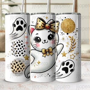Halloween PNG Cute Ghost Cat With Bow, Golden Stars, Polka Dots Digital ...