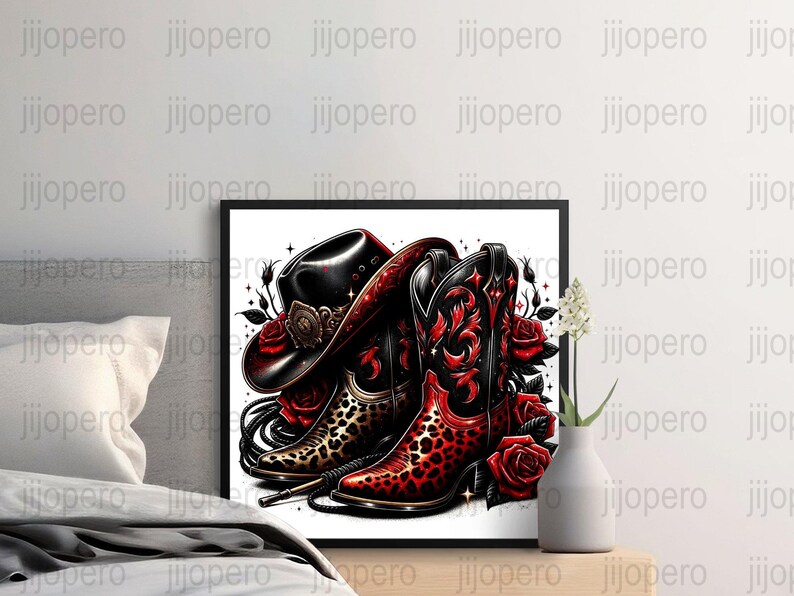 Cowboy Boots and Hat PNG, Western Digital Art, Red Roses Illustration ...