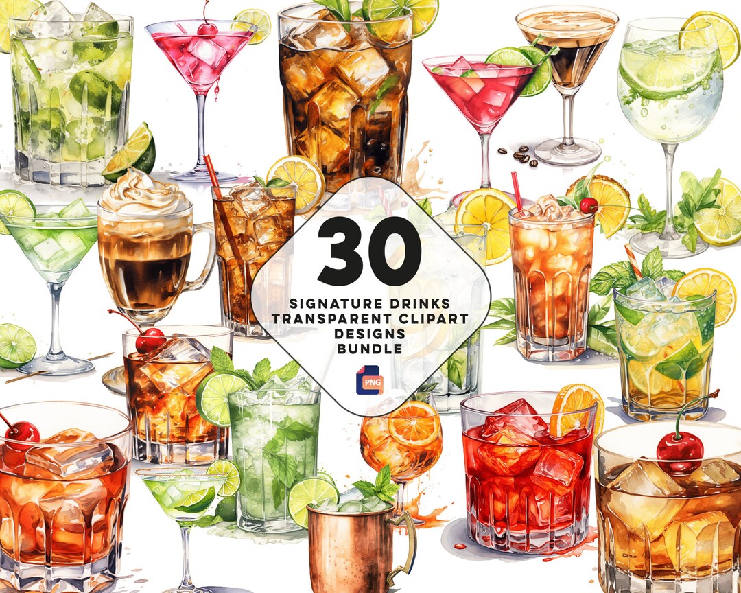 Printable Signature Cocktails 30 Drinks and Garnishes Watercolor ...