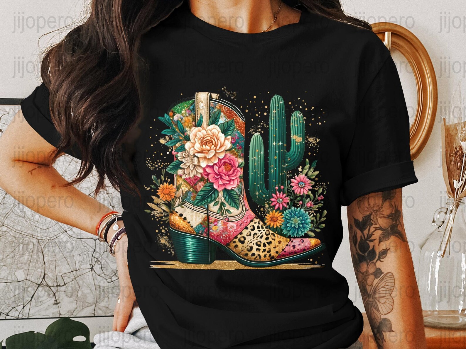 Western Floral Cowboy Boot Cactus Digital PNG, Printable Southwestern ...