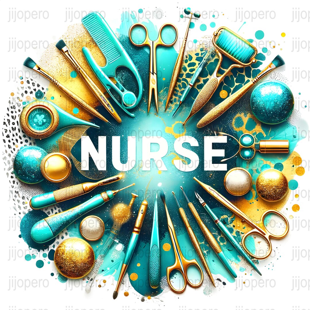 Nurse Theme Digital Art PNG, Turquoise and Gold Hairdresser Tools Decor ...