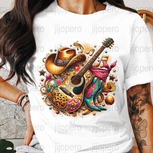 Western Music Guitar Cowboy Hat Digital Art PNG, Colorful Country Theme ...