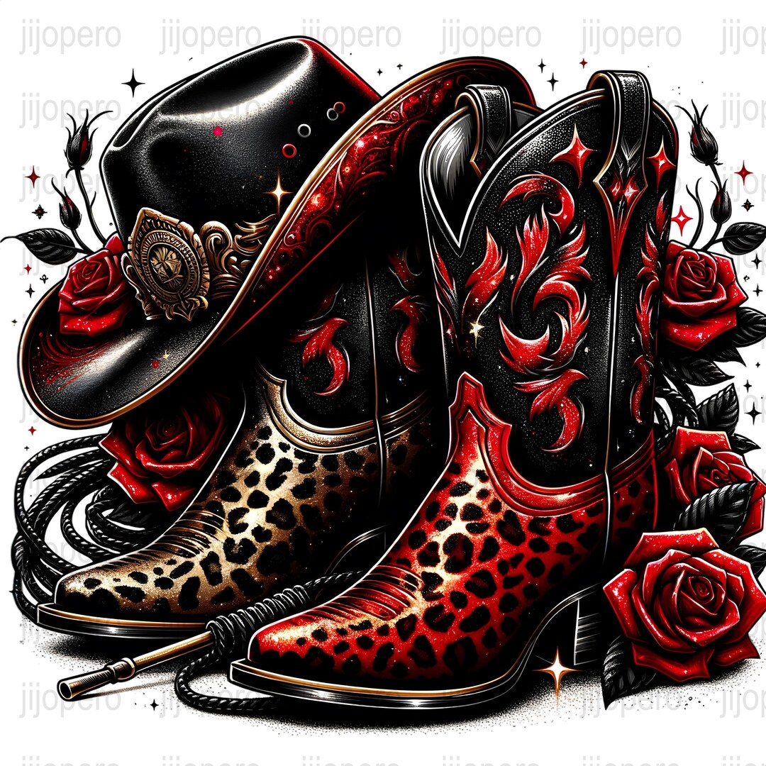 Cowboy Boots and Hat PNG, Western Digital Art, Red Roses Illustration ...