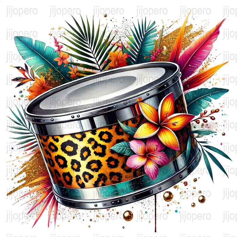 Tropical Drum Print PNG, Exotic Flowers and Leopard Print, Colorful ...