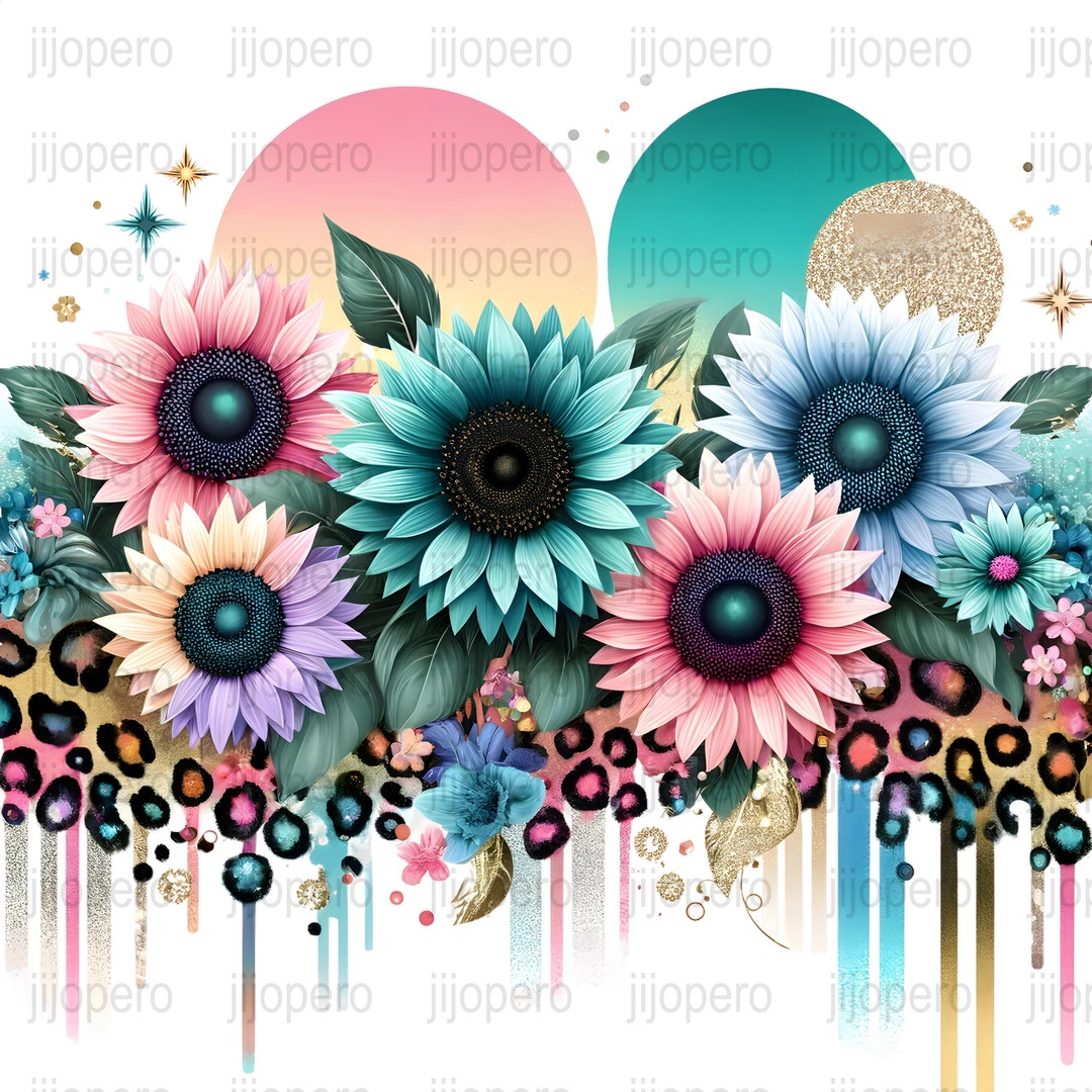 Boho Sunflower Digital Art, Floral PNG Background, Colorful Sunflowers ...
