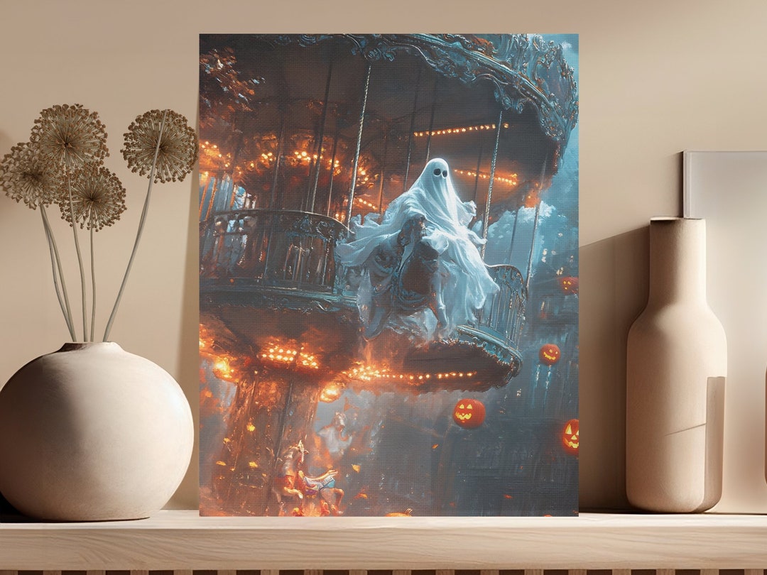 Spooky Halloween Carousel Digital Art, Ghost on Carousel With Pumpkins ...