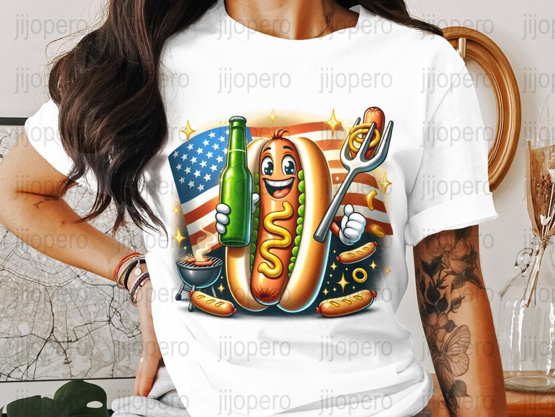 Patriotic BBQ Hot Dog Cartoon Digital PNG, Festive Fourth of July ...