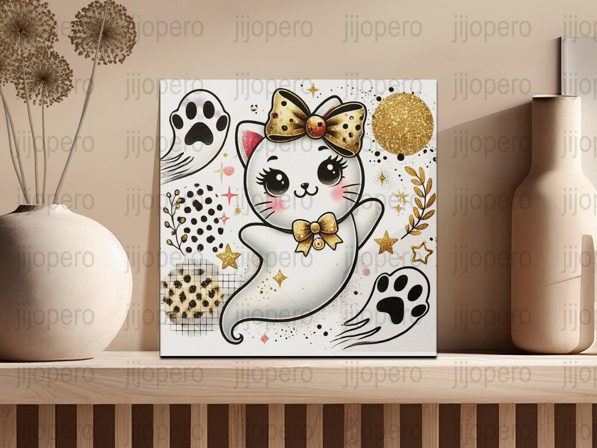 Halloween PNG Cute Ghost Cat With Bow, Golden Stars, Polka Dots Digital ...