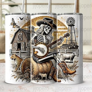 Skeleton Playing Banjo Farm Scene Digital Art PNG, Rustic Country Music ...