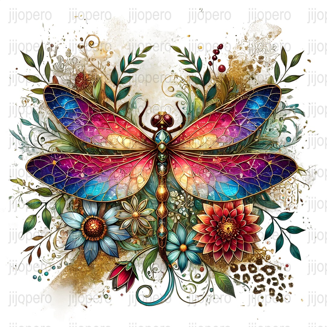 Colorful Dragonfly Floral Art Print, Digital Download, Botanical ...