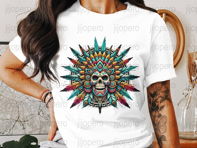 Colorful Aztec Skull Art PNG, Digital Download for Print, Tribal Skull ...