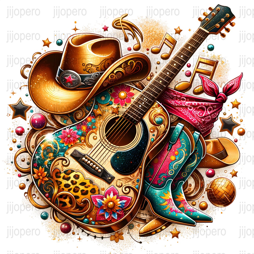 Western Music Guitar Cowboy Hat Digital Art PNG, Colorful Country Theme ...