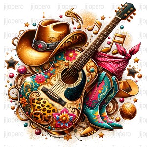 Western Music Guitar Cowboy Hat Digital Art PNG, Colorful Country Theme ...