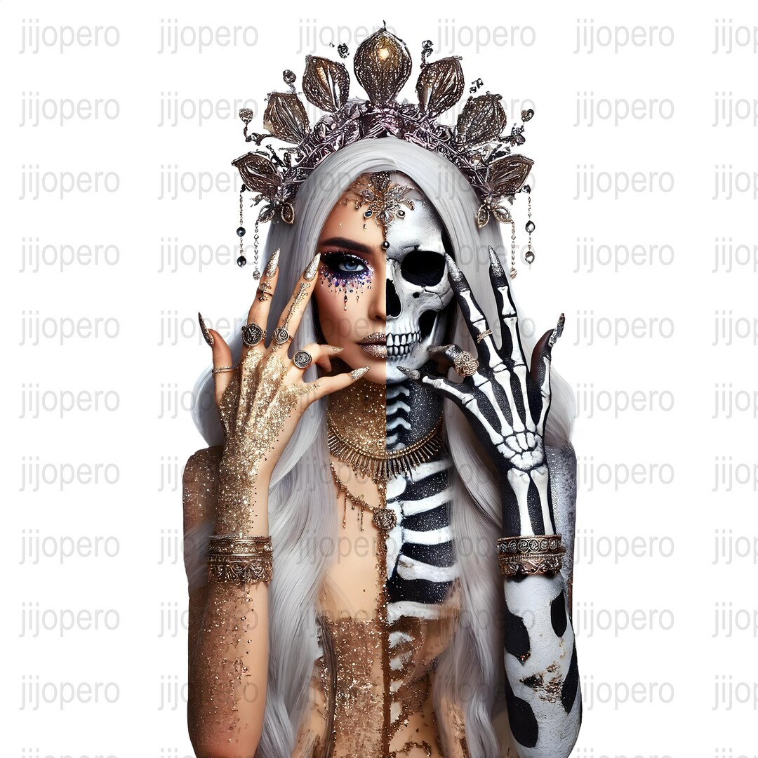 Mystical Skeleton Goddess Art Print PNG, Half Human Half Skeleton Wall ...