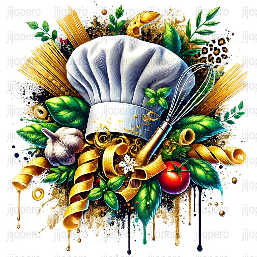 Chef Hat Cooking Pasta Vegetables Garlic Whisk PNG, Colorful Kitchen ...