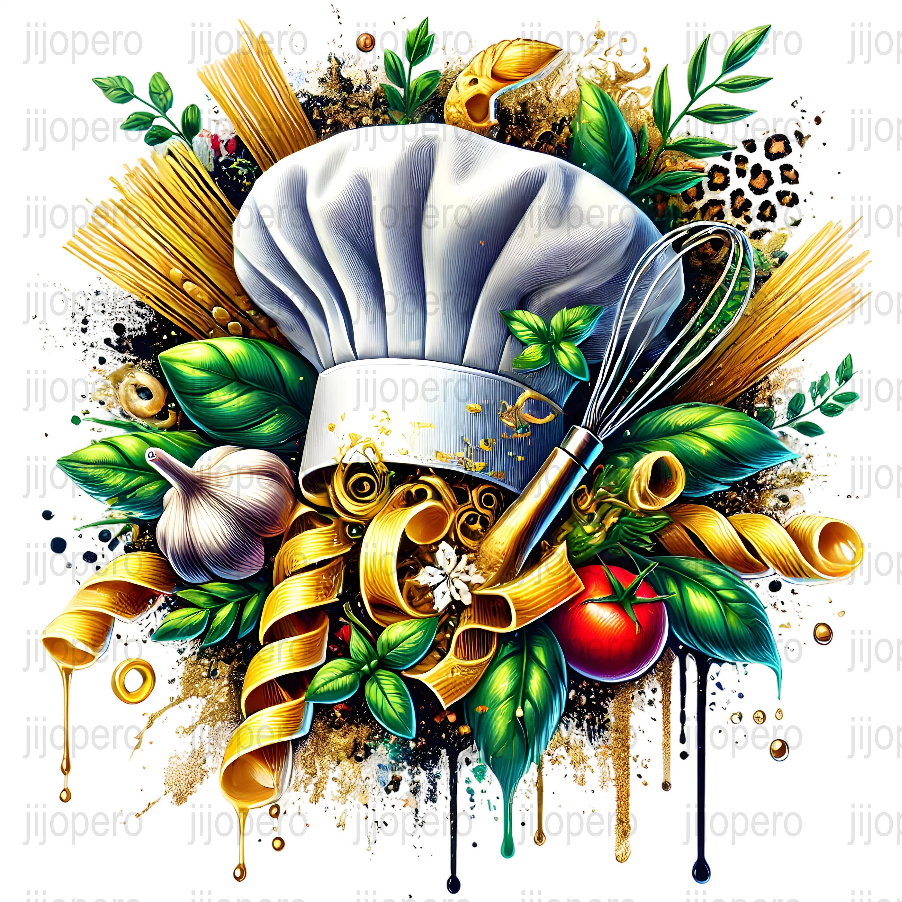 Chef Hat Cooking Pasta Vegetables Garlic Whisk PNG, Colorful Kitchen ...