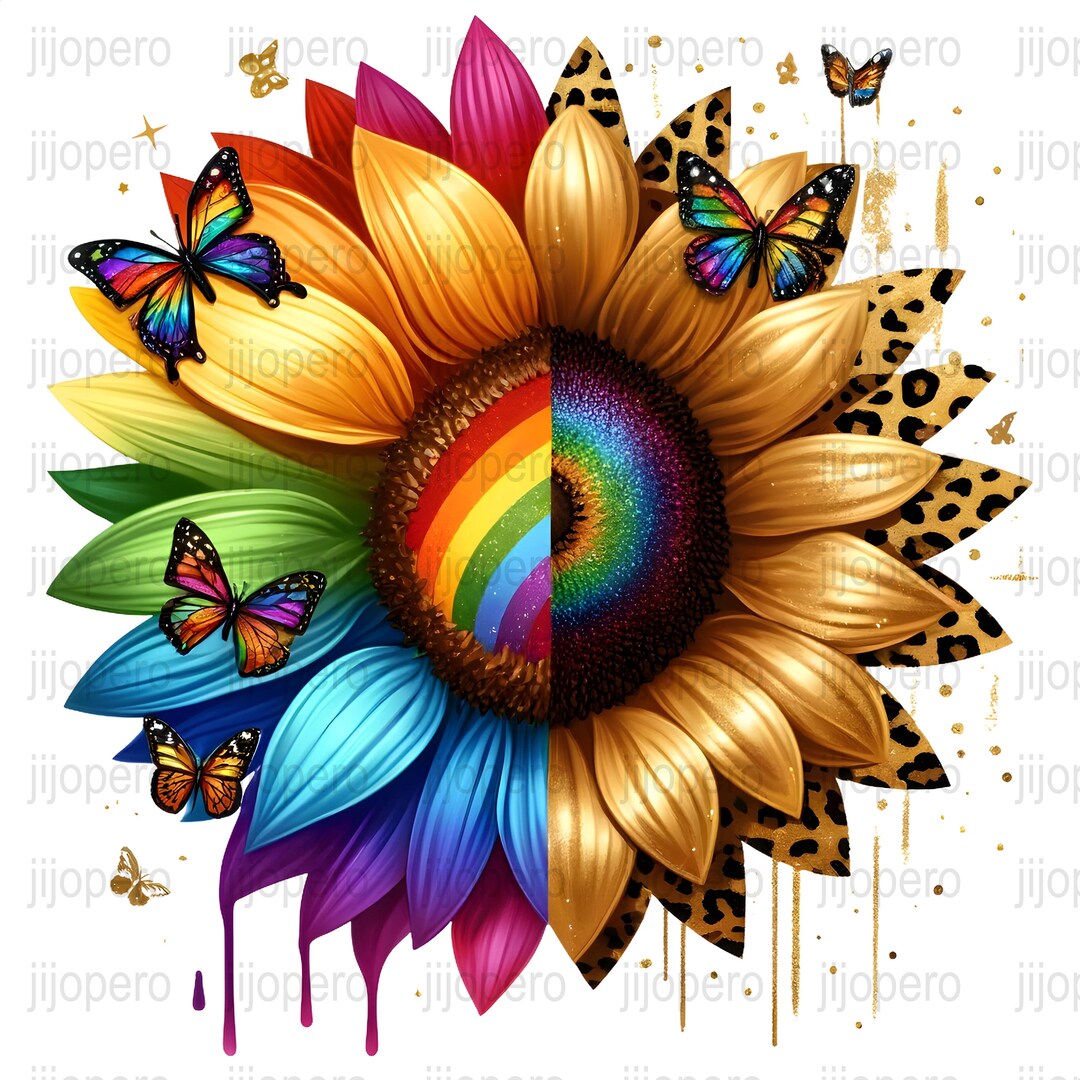 Colorful Rainbow Sunflower Digital Art PNG, Butterfly Floral Graphic ...