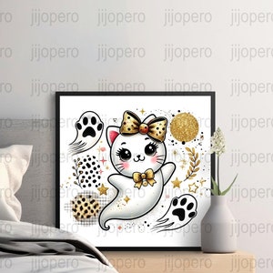 Halloween PNG Cute Ghost Cat With Bow, Golden Stars, Polka Dots Digital ...