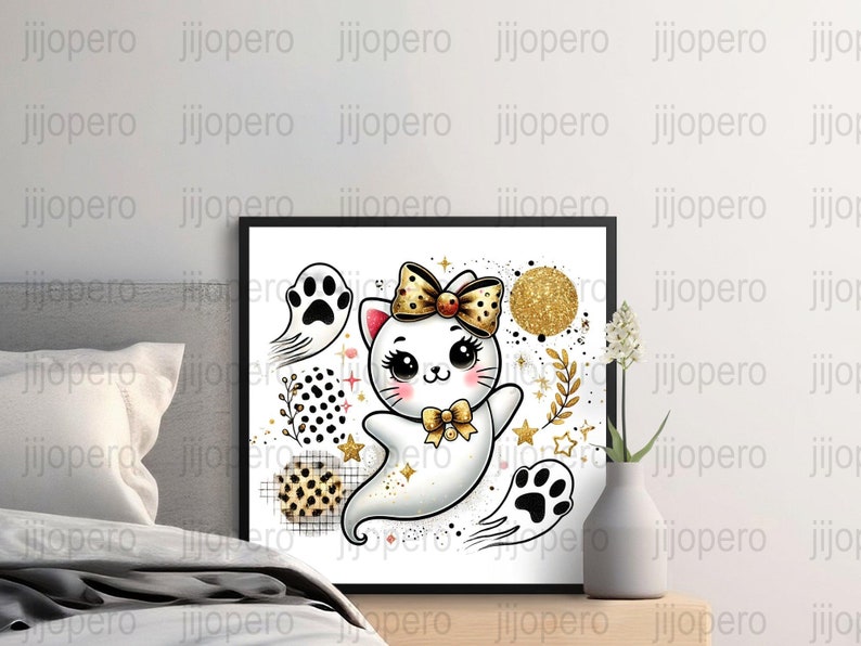 Halloween PNG Cute Ghost Cat With Bow, Golden Stars, Polka Dots Digital ...