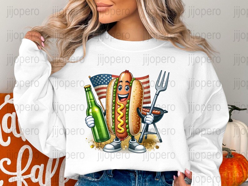 Patriotic Hot Dog Cartoon PNG, American Flag, Beer, BBQ Party Digital ...