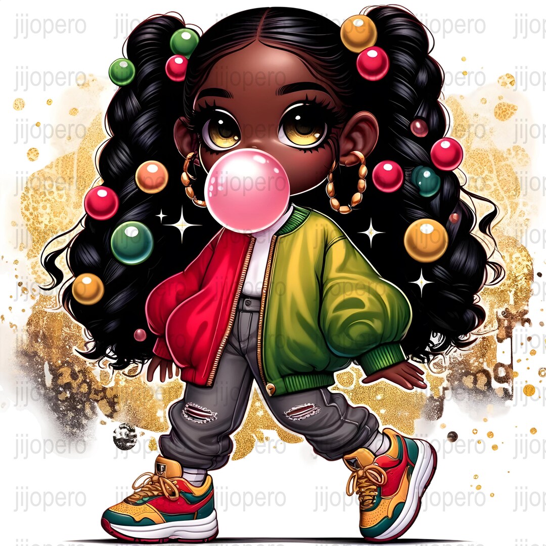 Digital Download, Cute Girl Bubble Gum Illustration PNG, African ...
