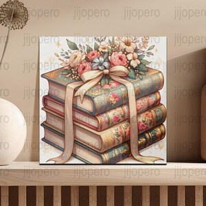 Vintage Floral Book Stack PNG, Digital Download, Old Books Illustration for Crafts and ...