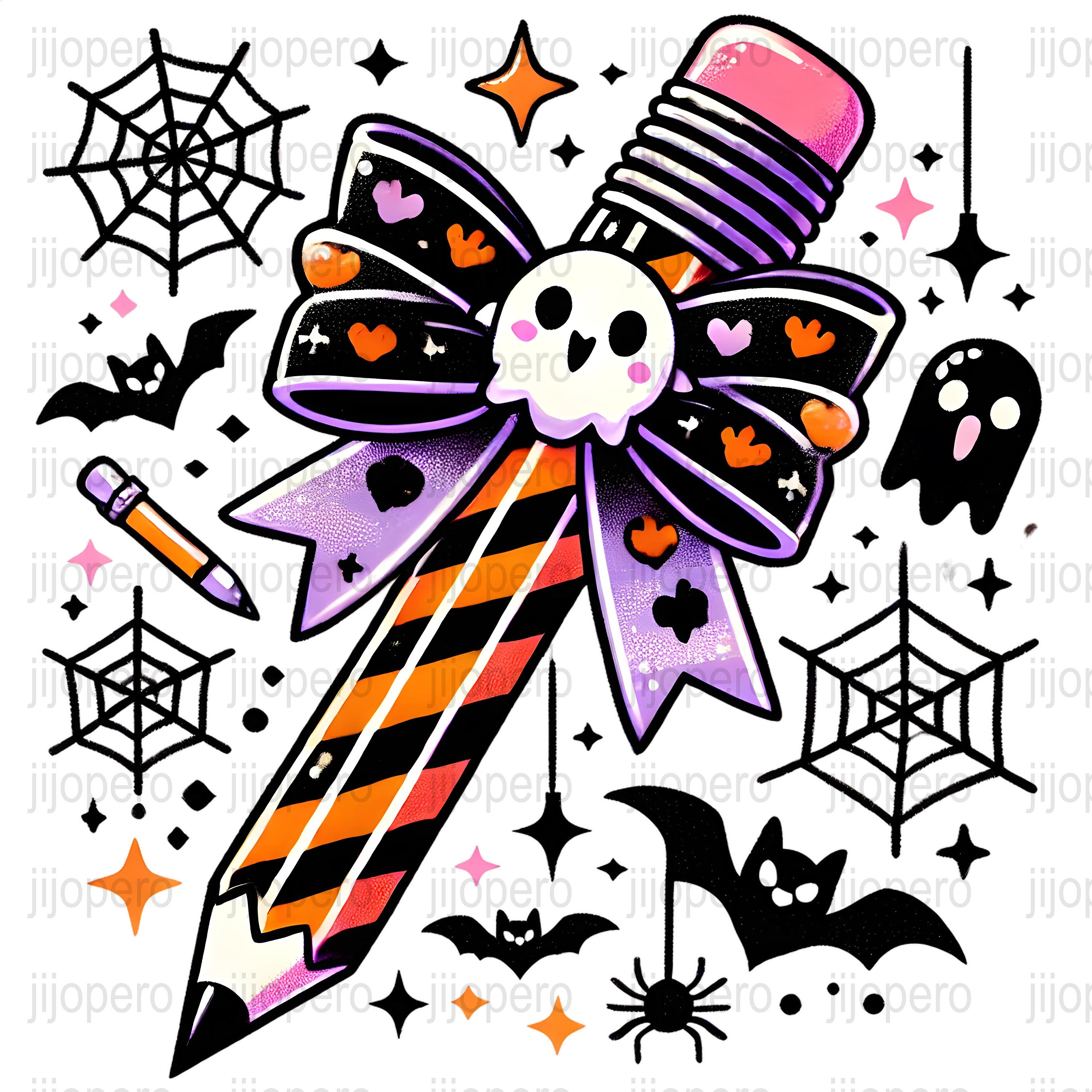 Halloween Themed Digital Art PNG, Spooky Pencil With Skull Bow, Ghosts ...
