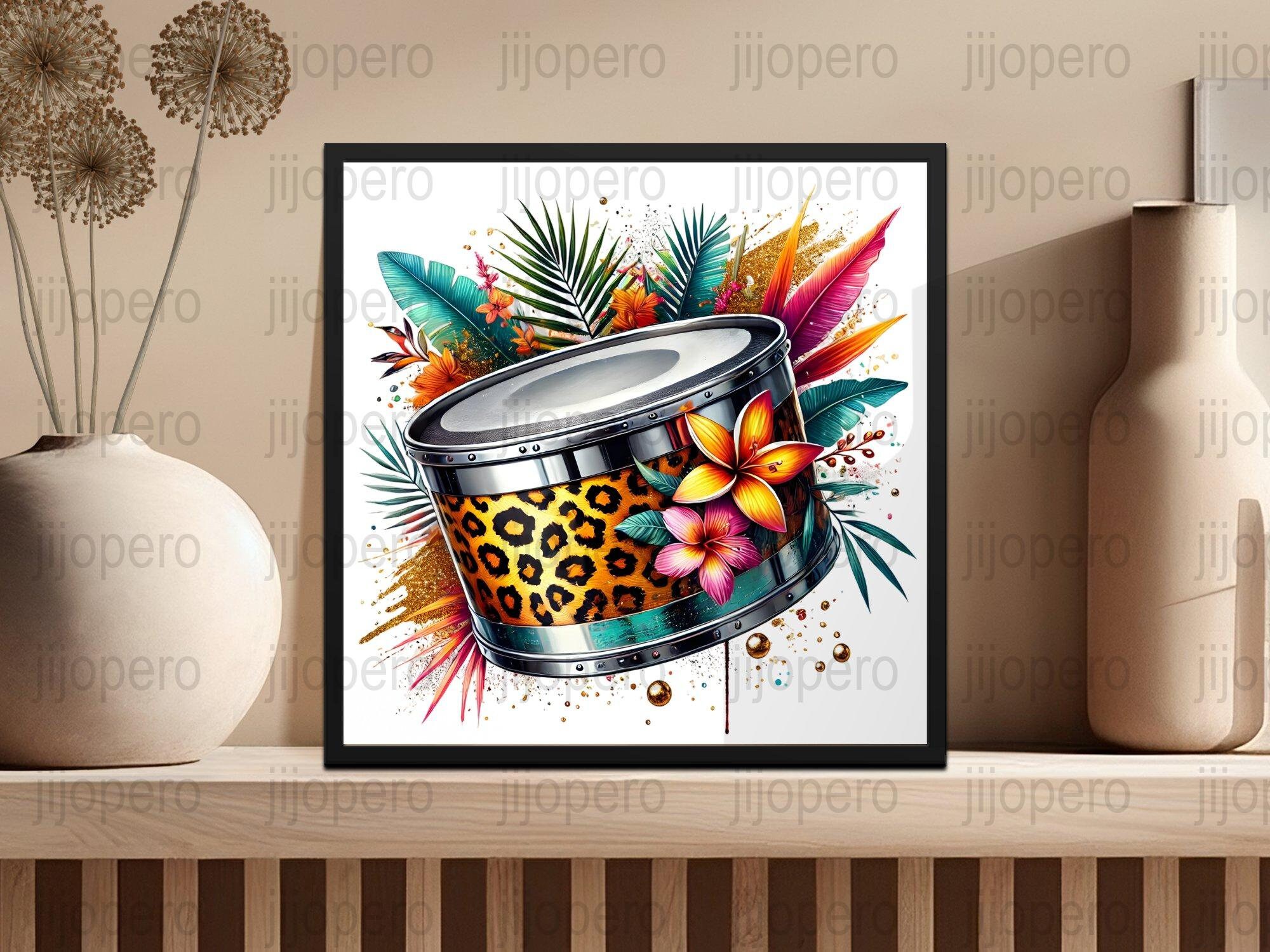 Tropical Drum Print PNG, Exotic Flowers and Leopard Print, Colorful ...
