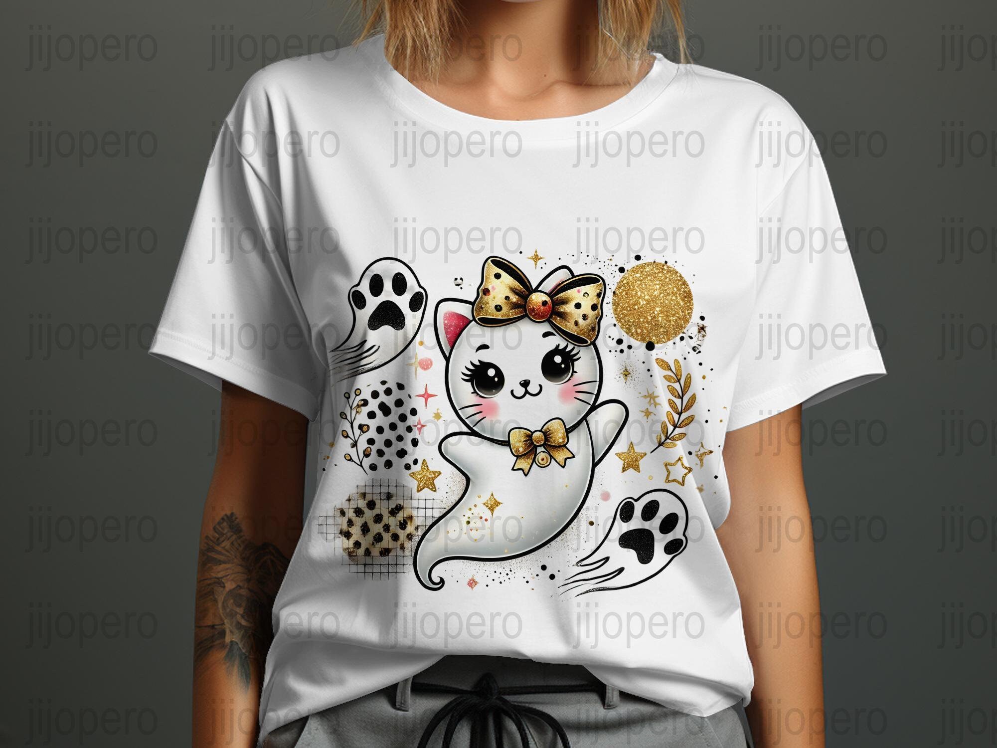 Halloween PNG Cute Ghost Cat With Bow, Golden Stars, Polka Dots Digital ...