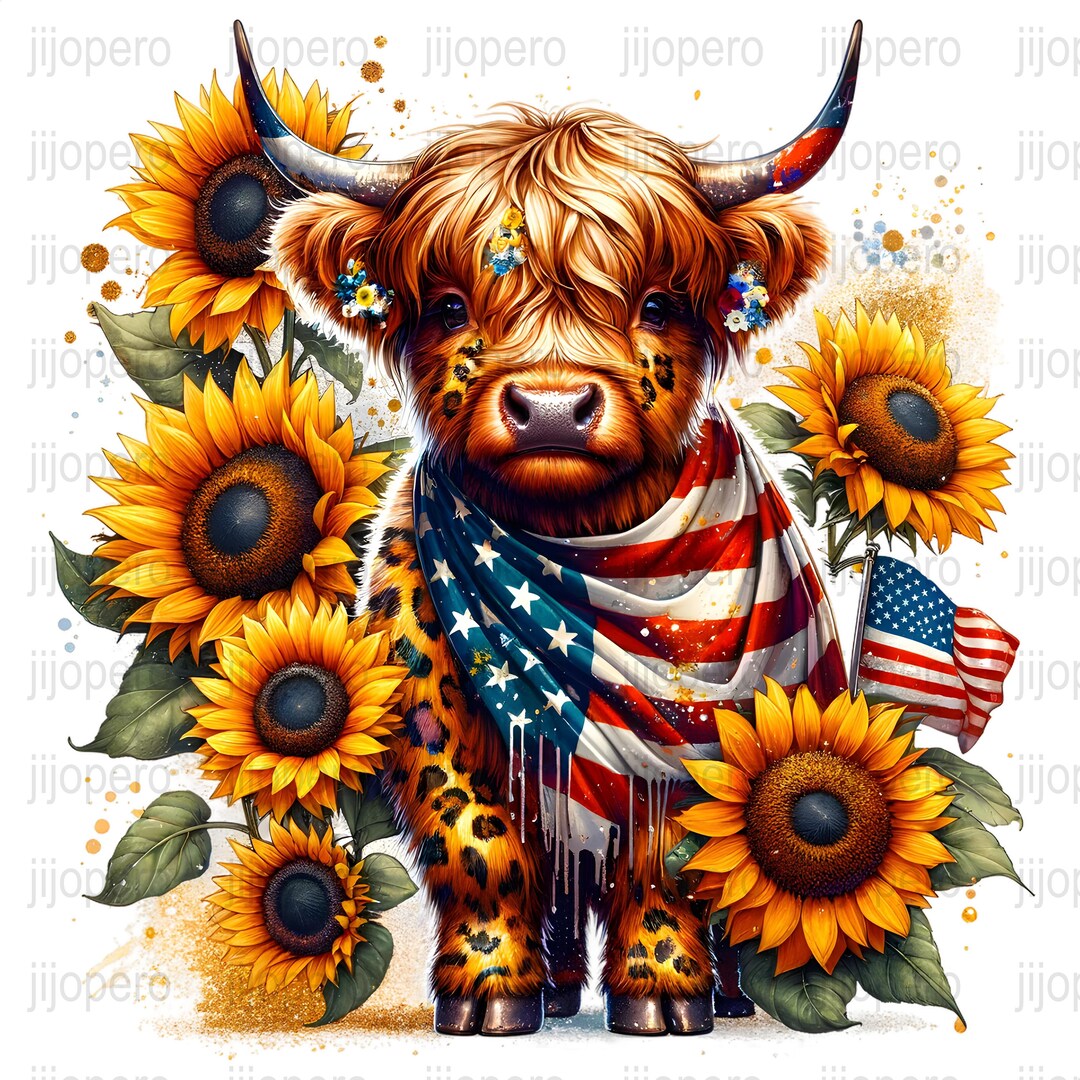 4th of July Png, Patriotic Cow Art, Sunflower Cow Digital Print ...