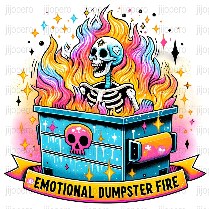 Emotional Dumpster Fire Skull Art, Colorful Skeleton PNG, Edgy Digital ...
