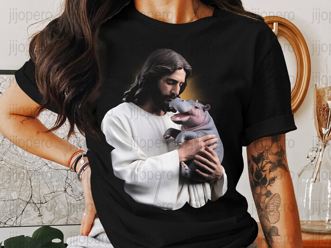 Moo Deng PNG Jesus Holding Hippo Art for Print, Christian Home Decor ...