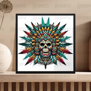 Colorful Aztec Skull Art PNG, Digital Download for Print, Tribal Skull ...