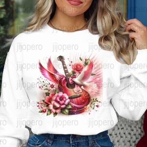 Digital Art PNG Guitar Dove Flowers, Romantic Guitar With Floral and ...