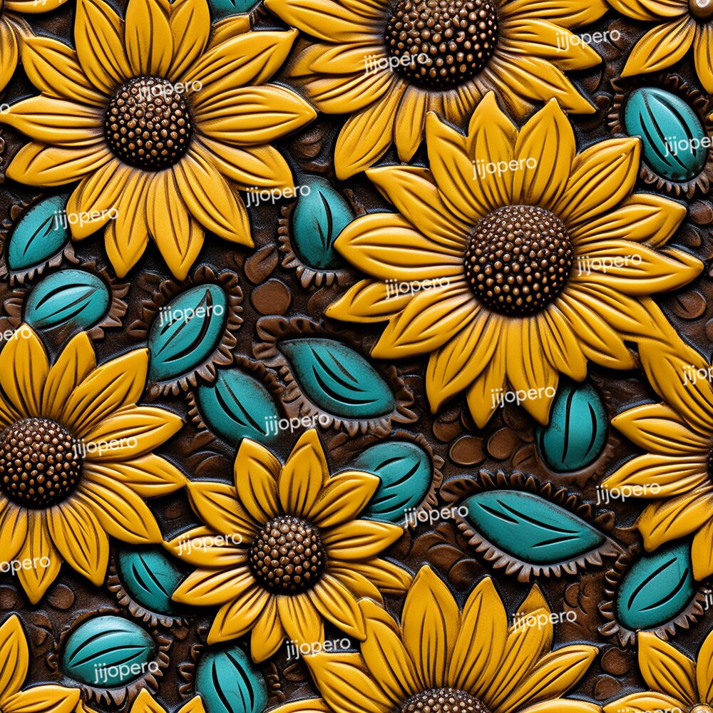 Sunflower Floral Seamless Embossed Tooled Leather Jpg Digital Downloads ...