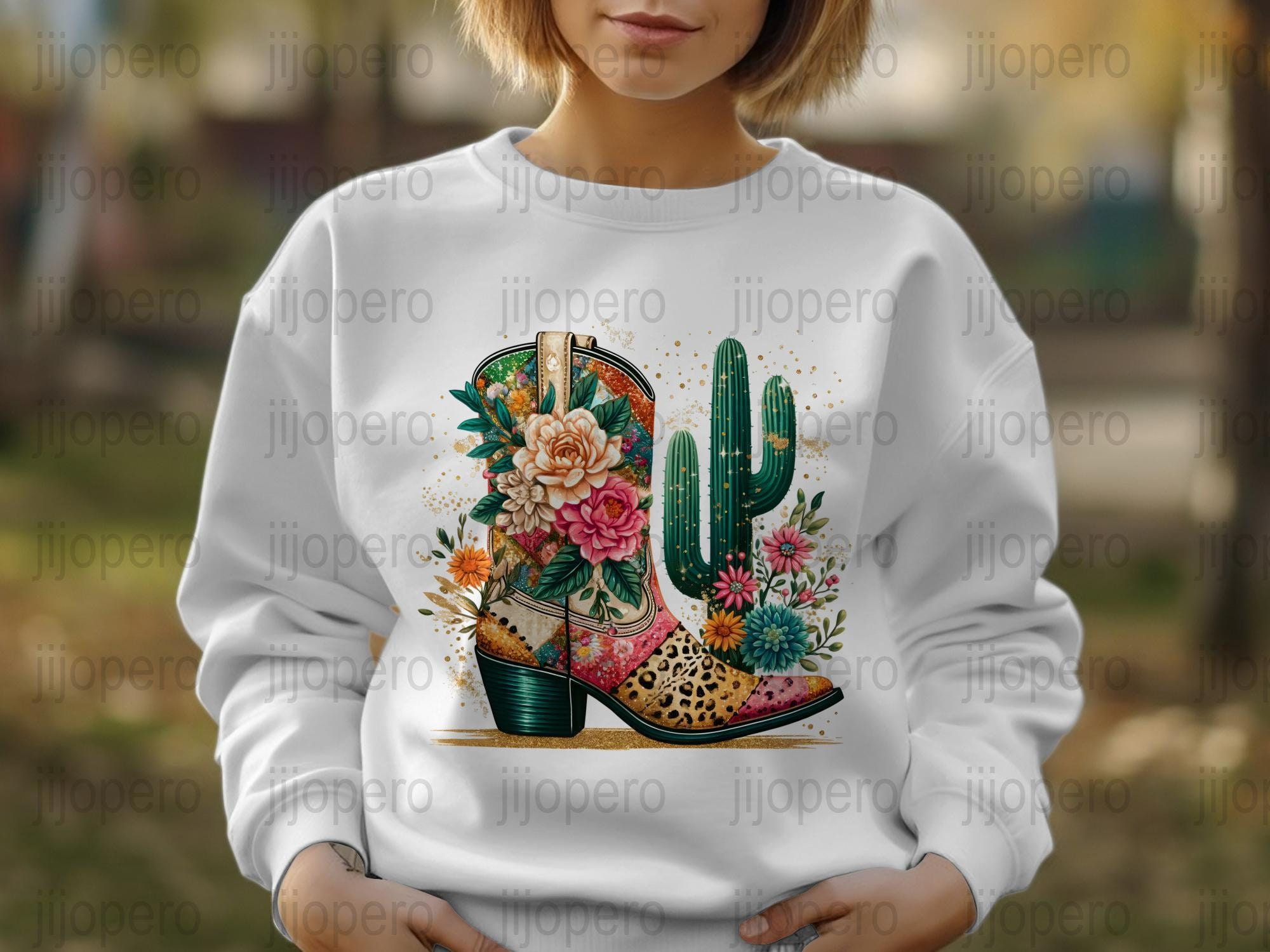 Western Floral Cowboy Boot Cactus Digital PNG, Printable Southwestern ...