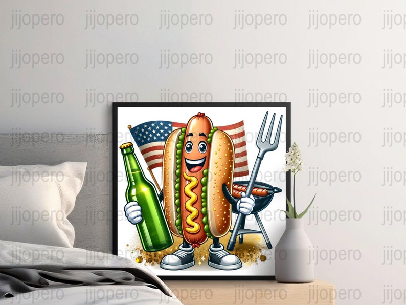 Patriotic Hot Dog Cartoon PNG, American Flag, Beer, BBQ Party Digital ...