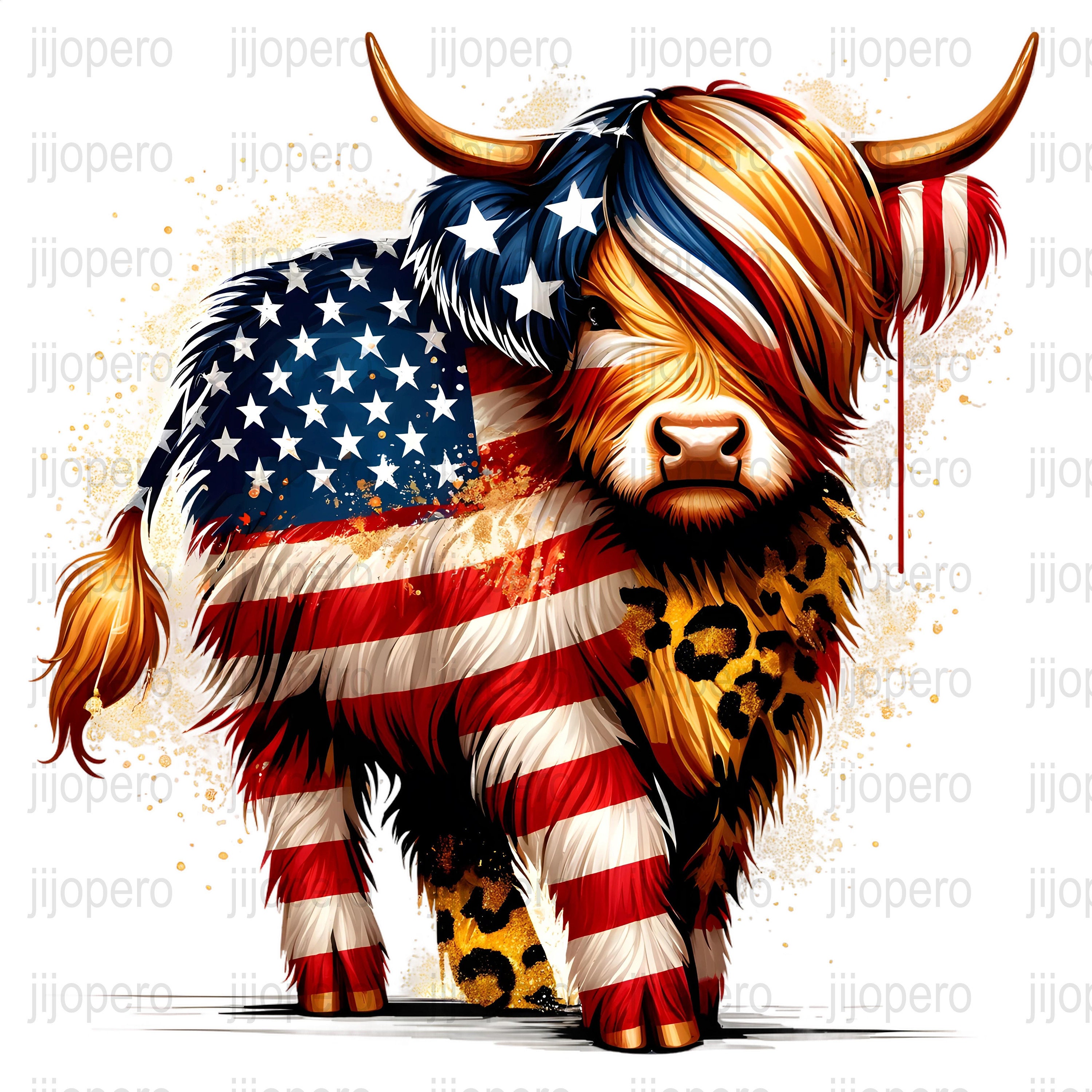 4th of July Png Highland Cow Art Print, American Flag Background ...