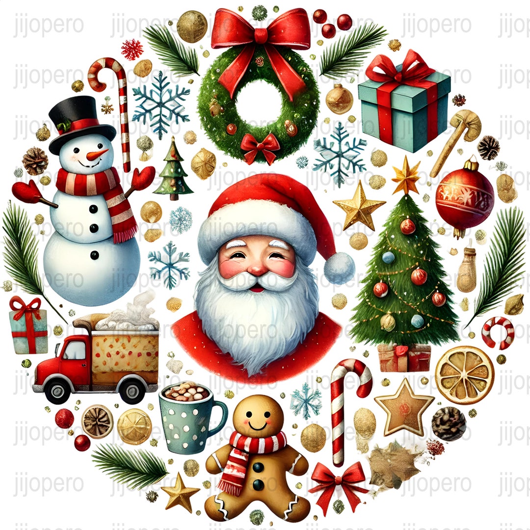 Christmas Digital Clipart, Santa Snowman Xmas Tree Prints, Holiday ...