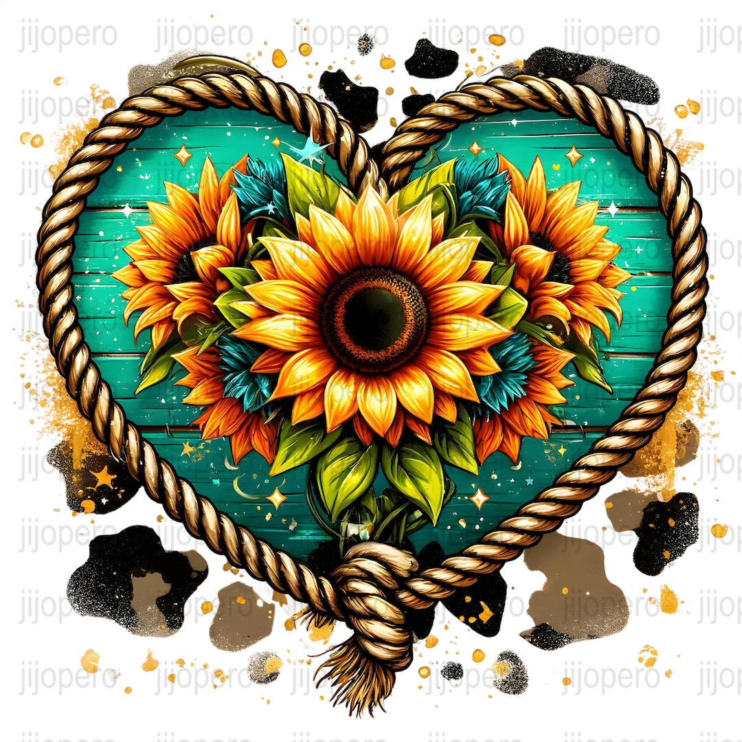 Rustic Sunflower Heart Digital Print PNG, Vibrant Floral Art for Home ...