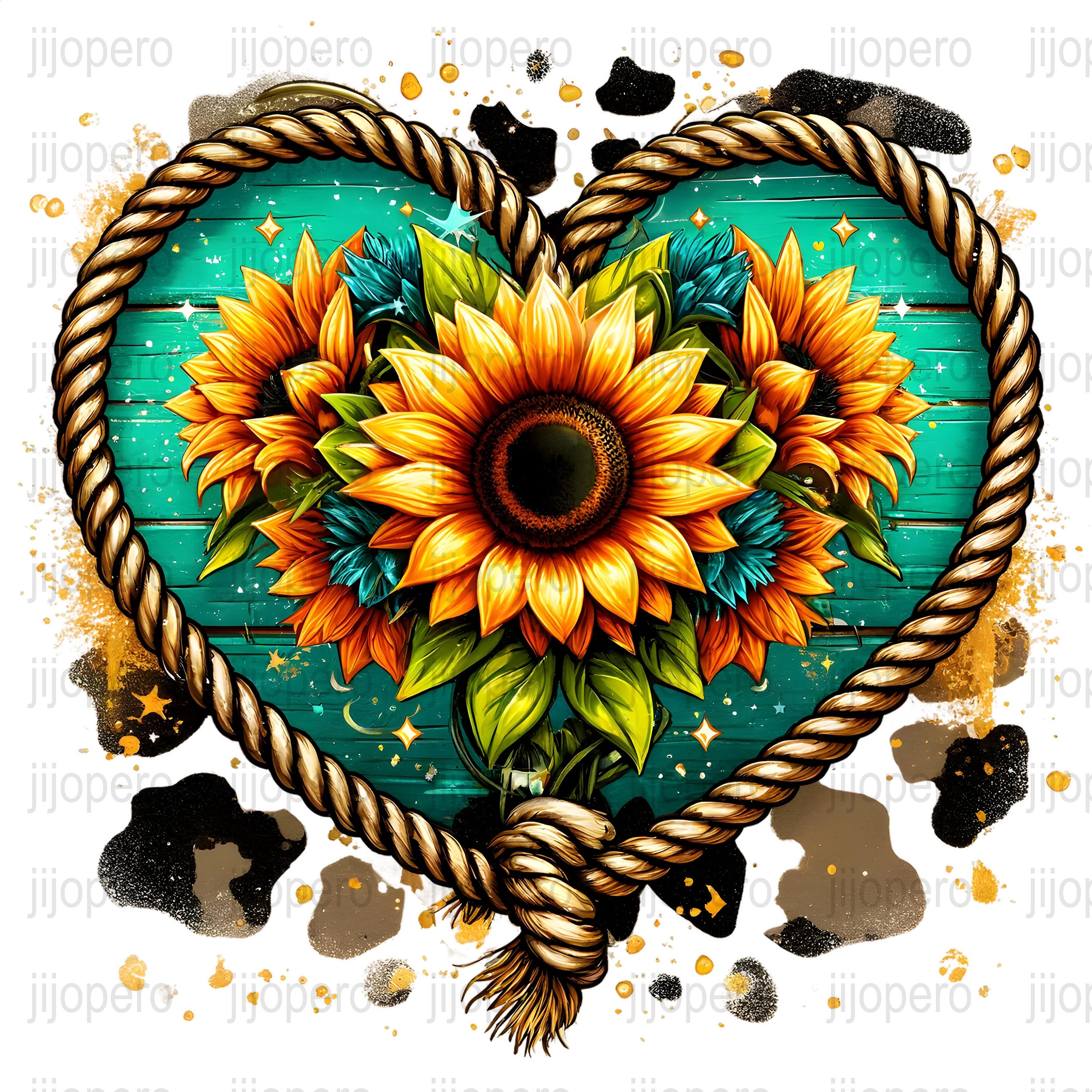 Rustic Sunflower Heart Digital Print PNG, Vibrant Floral Art for Home ...