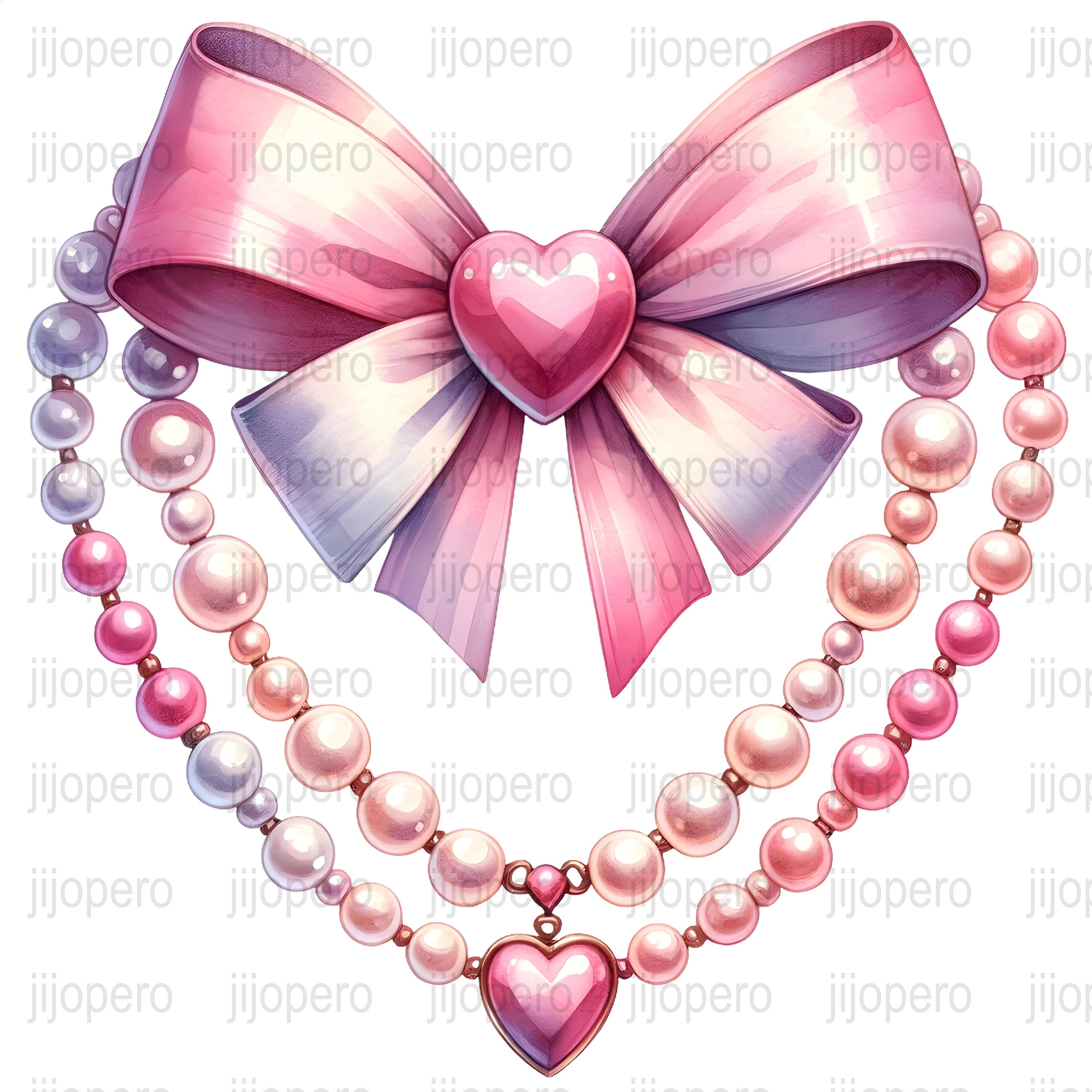 Pink Ribbon Bow PNG Digital Download, Pearl Necklace Clipart, Romantic ...